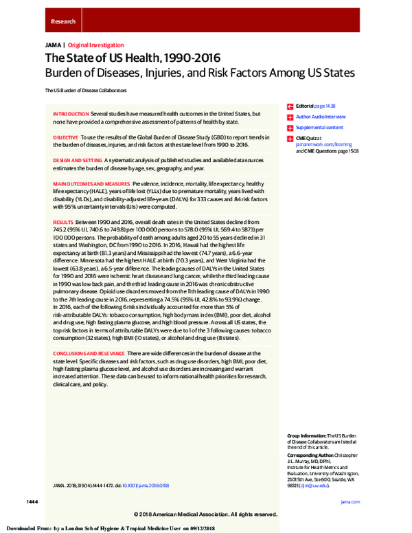 (PDF) The State of US Health, 1990-2016: Burden of Diseases, Injuries ...