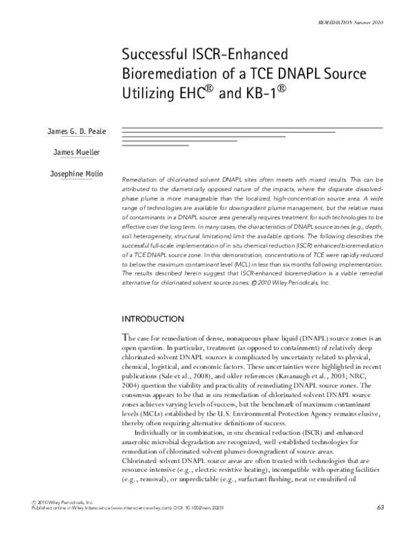 (PDF) Successful ISCR-enhanced bioremediation of a TCE DNAPL source ...