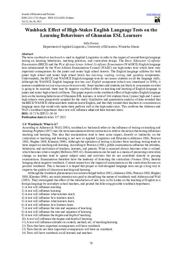 (PDF) Washback Effect of High-Stakes English Language Tests on the ...