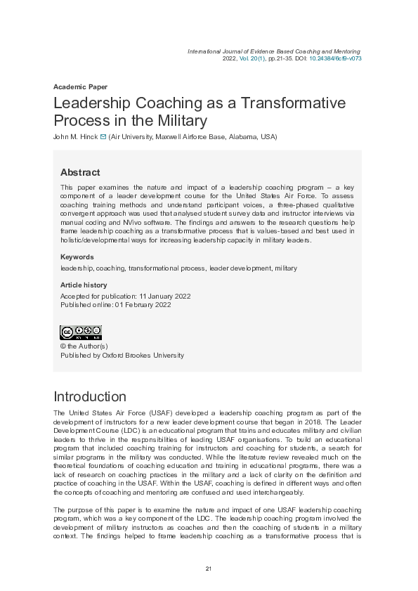 (PDF) Leadership coaching as a transformative process in the military