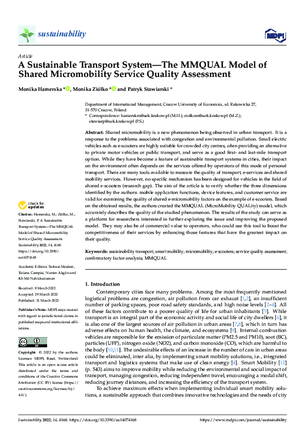 (PDF) A Sustainable Transport System—The MMQUAL Model of Shared Micromobility Service Quality ...