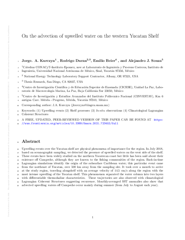 (PDF) On the advection of upwelled water on the western Yucatan Shelf