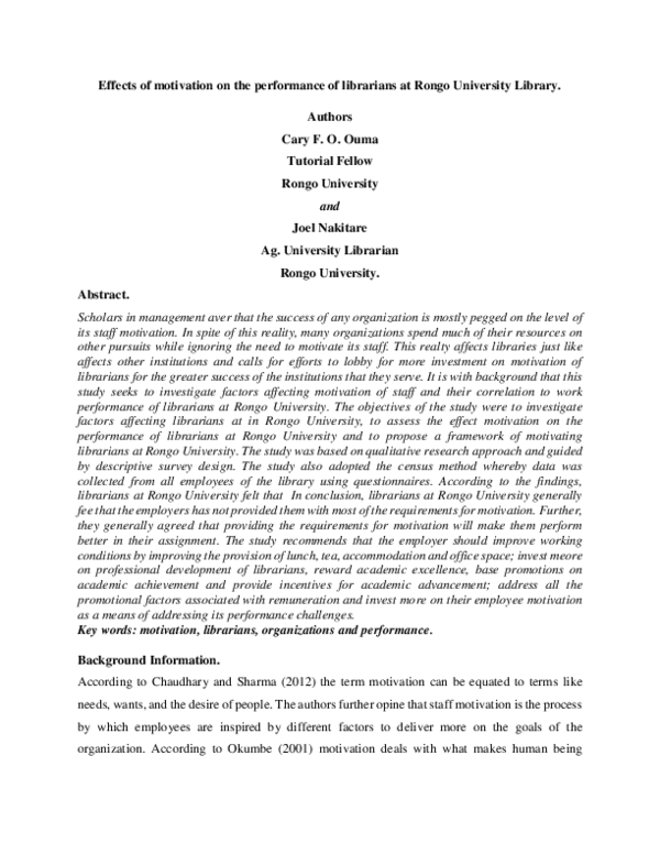 (PDF) Effects of motivation on the performance of librarians at Rongo ...