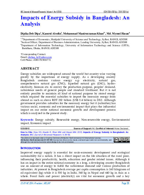 (PDF) Impacts of Energy Subsidy in Bangladesh: An Analysis