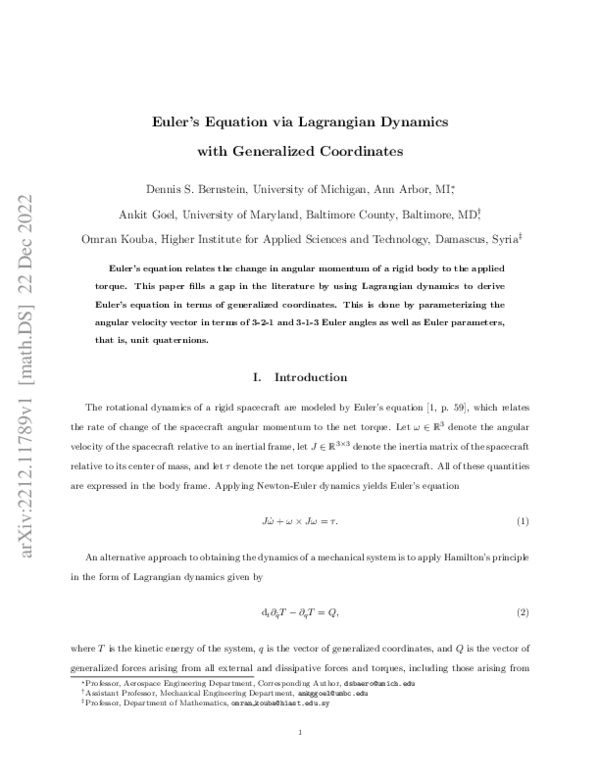 (PDF) Euler's Equation via Lagrangian Dynamics with Generalized Coordinates