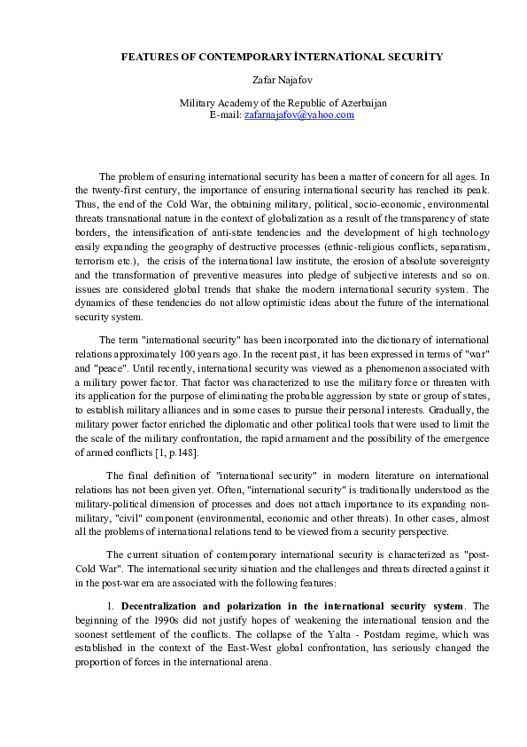 (PDF) FEATURES OF CONTEMPORARY İNTERNATİONAL SECURİTY