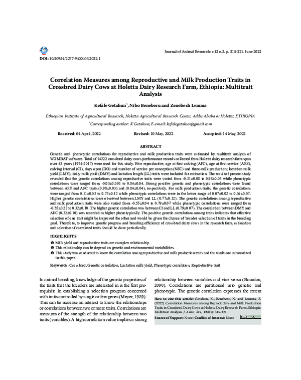 (PDF) Correlation Measures among Reproductive and Milk Production ...
