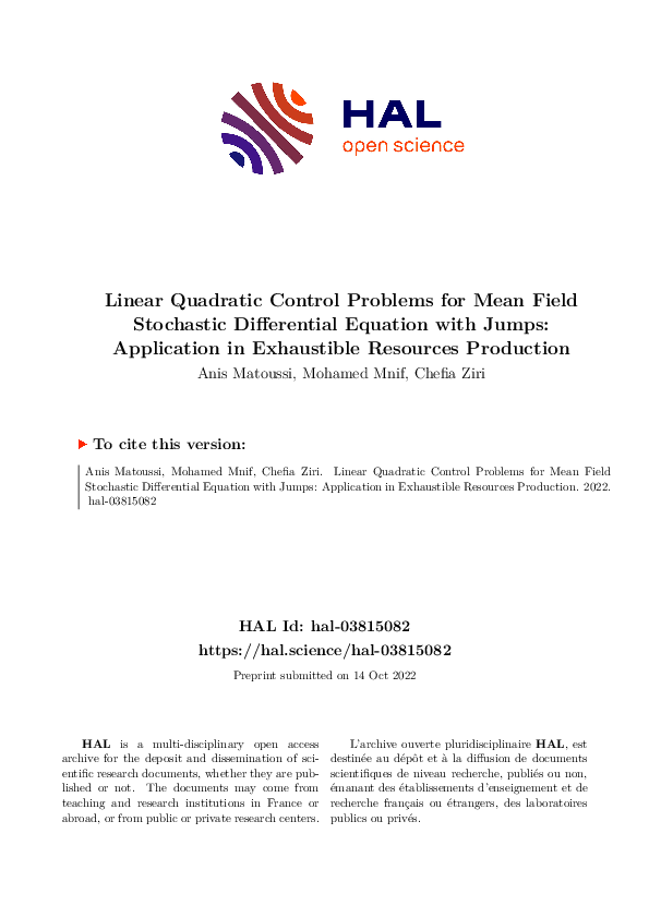Pdf Linear Quadratic Control Problems For Mean Field Stochastic