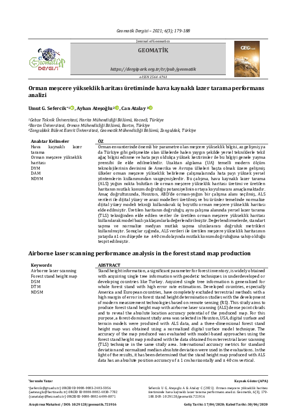(PDF) Orman Meşcere Yükseklik Haritası Üretiminde Hava Kaynaklı Lazer ...