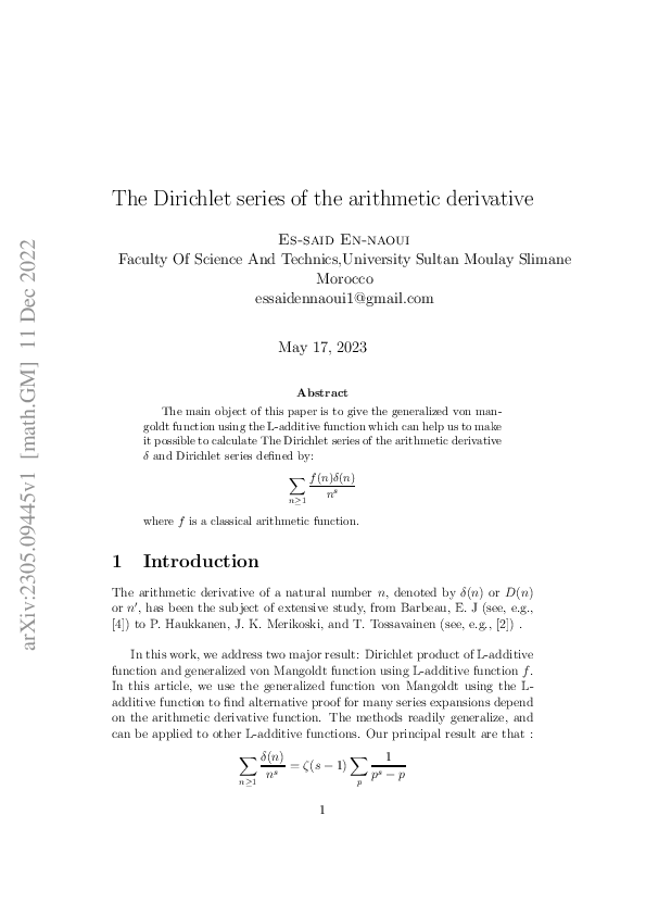 (PDF) The Dirichlet series of the arithmetic derivative