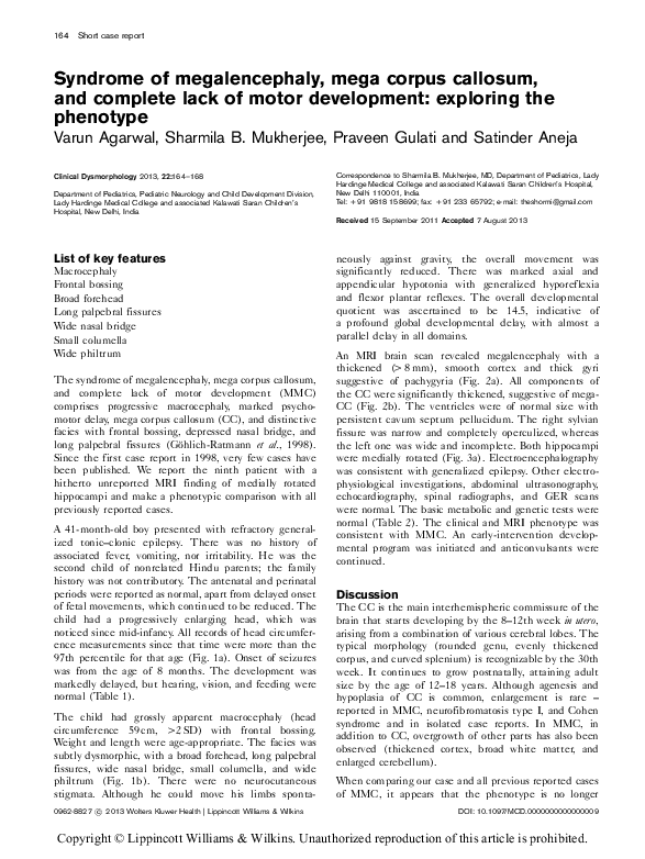 (PDF) Syndrome of megalencephaly, mega corpus callosum, and complete ...