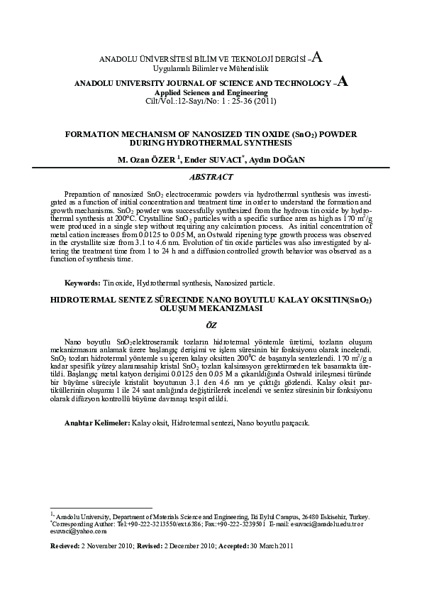 (PDF) FORMATION MECHANISM OF NANOSIZED TIN OXIDE (SnO2) POWDER DURING ...