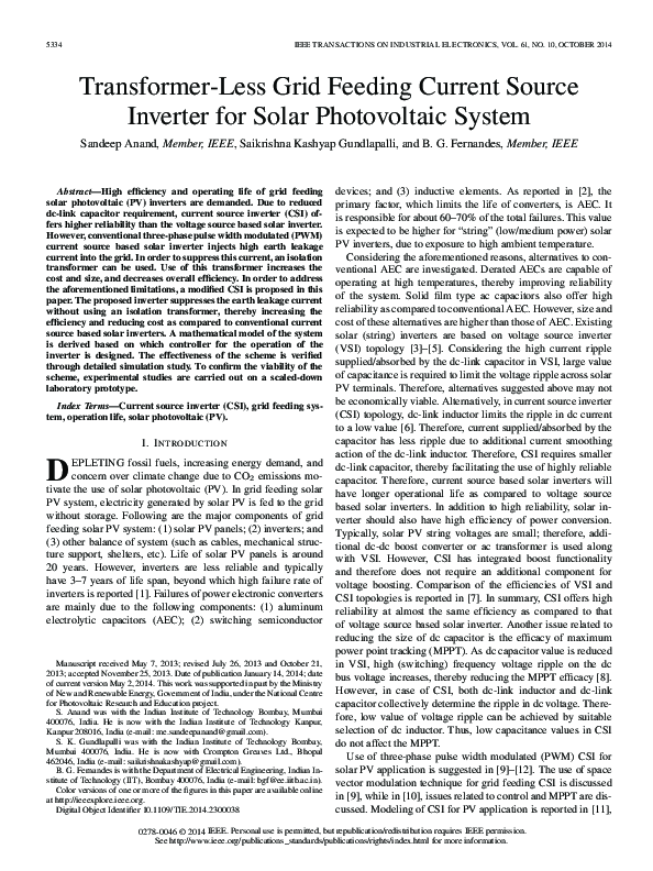 (PDF) Transformer-Less Grid Feeding Current Source Inverter for Solar ...