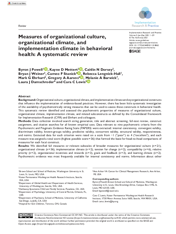 (PDF) Measures of organizational culture, organizational climate, and ...