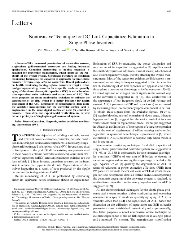 (PDF) Noninvasive Technique for DC-Link Capacitance Estimation in Single-Phase Inverters