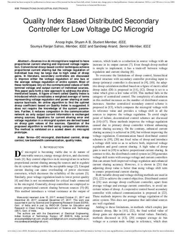 (PDF) Quality-Index Based Distributed Secondary Controller for a Low-Voltage DC Microgrid ...