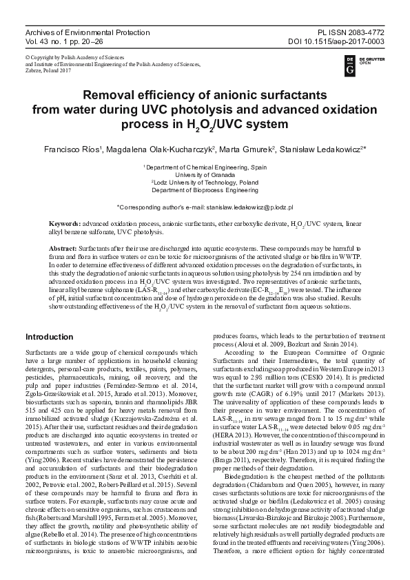 (PDF) Removal efficiency of anionic surfactants from water during UVC ...