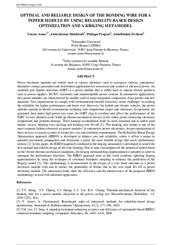 Pdf Optimal And Reliable Design Of The Bonding Wire For A Power Module By Using Reliability
