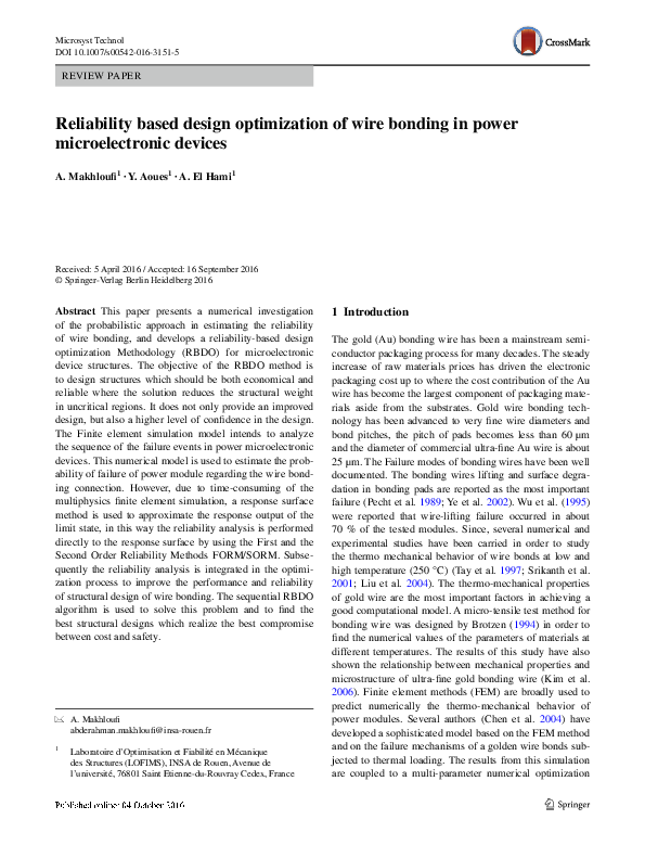 (PDF) Reliability based design optimization of wire bonding in power microelectronic devices ...