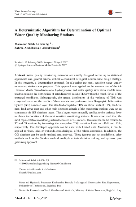 (PDF) A Deterministic Algorithm for Determination of Optimal Water Quality Monitoring Stations