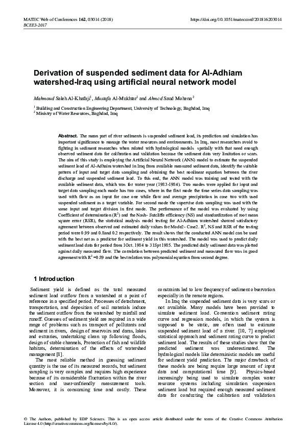 (PDF) Derivation of suspended sediment data for Al-Adhiam watershed-Iraq using artificial neural ...
