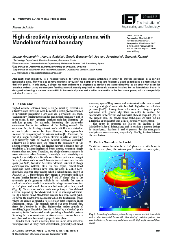 (PDF) High‐directivity microstrip antenna with Mandelbrot fractal boundary