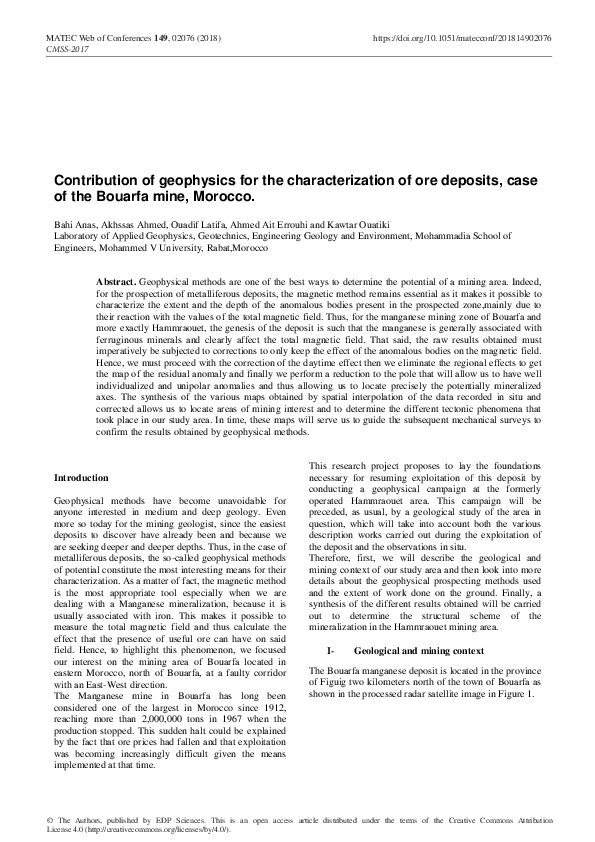 (PDF) Contribution of geophysics for the characterization of ore deposits, case of the Bouarfa ...