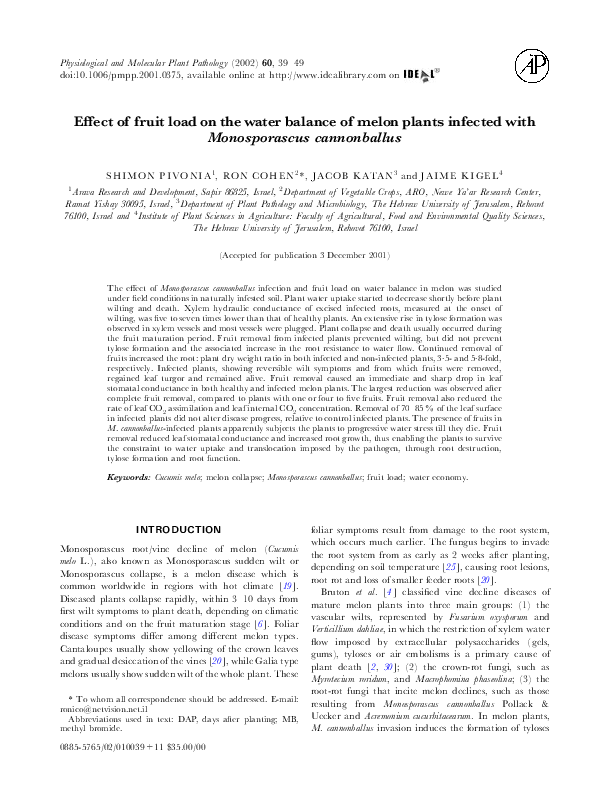 (PDF) Effect of fruit load on the water balance of melon plants ...