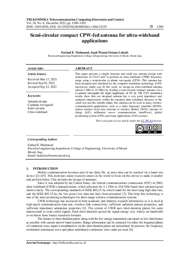 (PDF) Semi-circular compact CPW-fed antenna for ultra-wideband applications | Farhad E . Mahmood ...