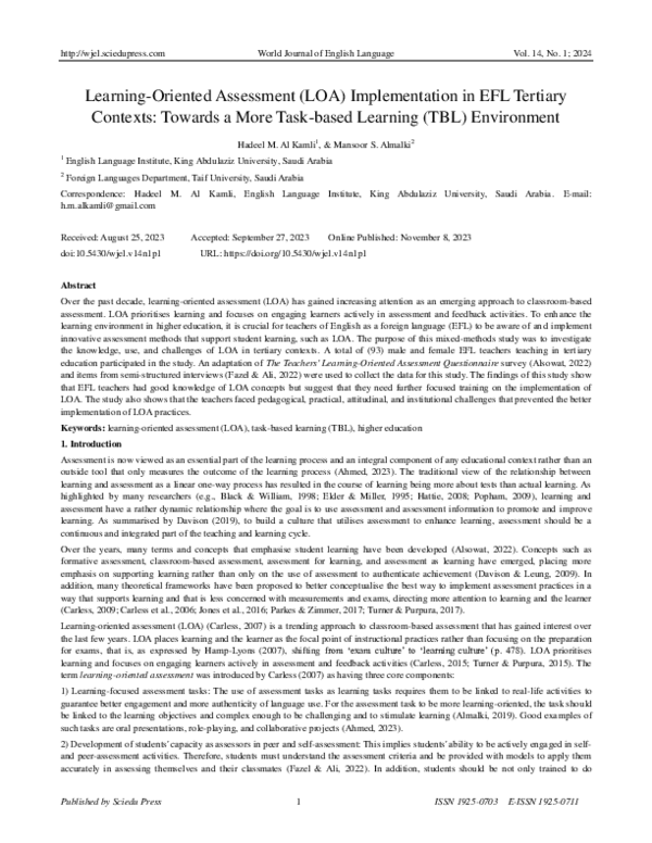 (PDF) Learning-Oriented Assessment (LOA) Implementation in EFL Tertiary Contexts: Towards a More ...