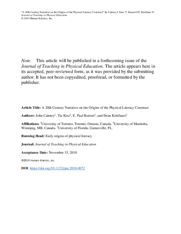 (PDF) A 20th-Century Narrative on the Origins of the Physical Literacy ...