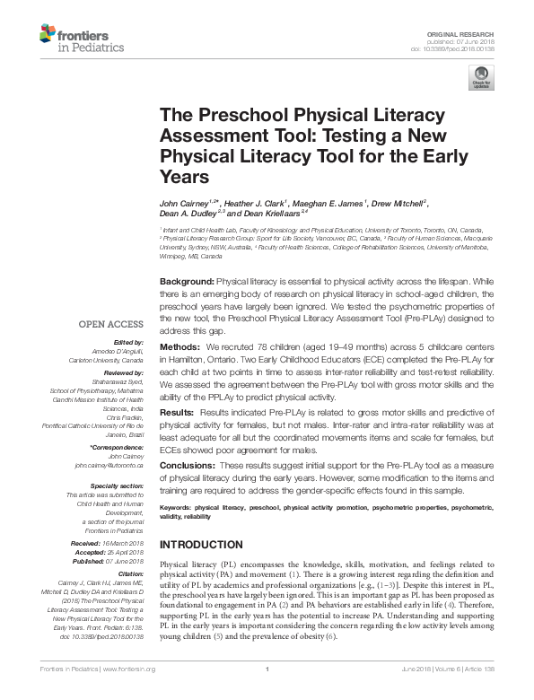 (PDF) The Preschool Physical Literacy Assessment Tool: Testing a New ...