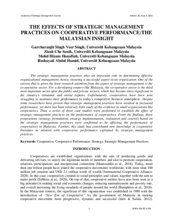 (PDF) The Effects of Strategic Management Practices on Cooperative Performance:The Malaysian Insight