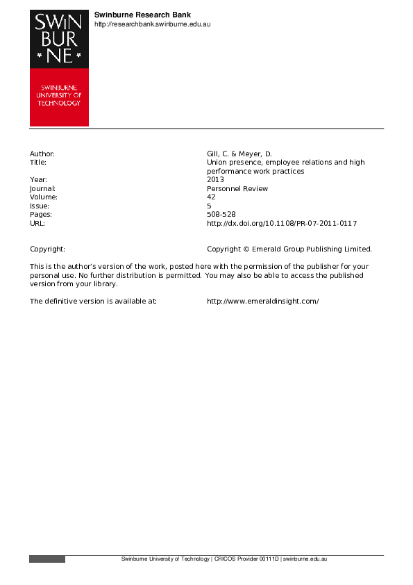 (PDF) Union presence, employee relations and high performance work ...