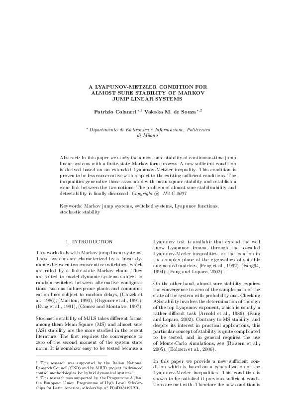 (PDF) A Lyapunov-Metzler Condition for Almost Sure Stability of Markov ...