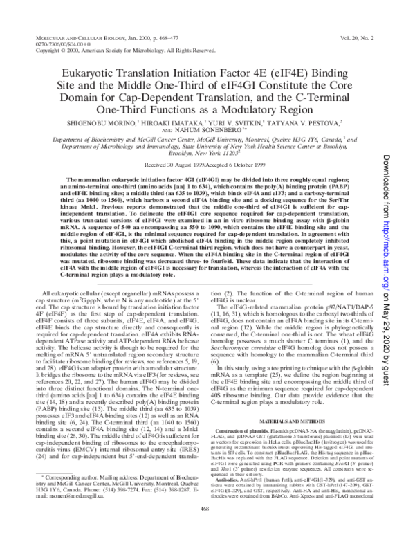 (PDF) Eukaryotic Translation Initiation Factor 4E (eIF4E) Binding Site ...