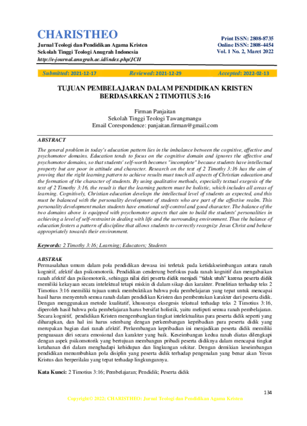 (PDF) Tujuan Pembelajaran Dalam Pendidikan Kristen Berdasarkan 2 Timotius 3:16