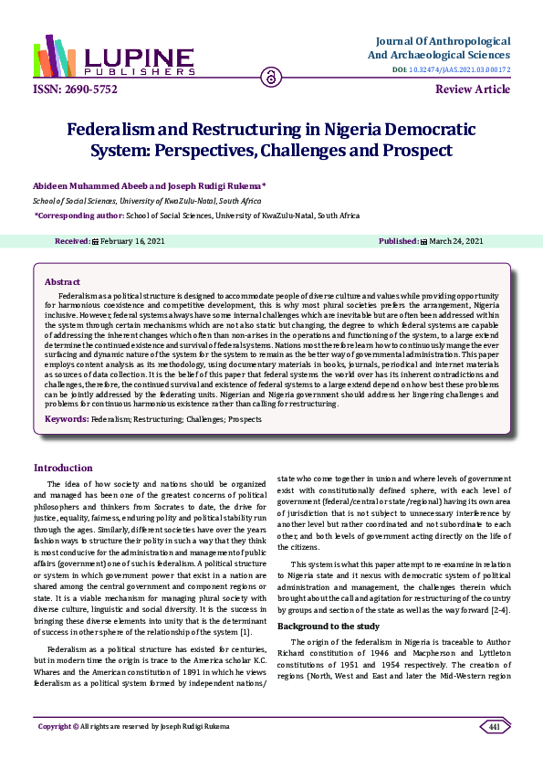 (PDF) Federalism and Restructuring in Nigeria DemocraticSystem: Perspectives, Challenges and ...