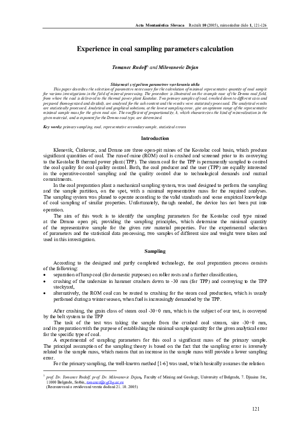 (PDF) Experience in coal sampling parameters calculation