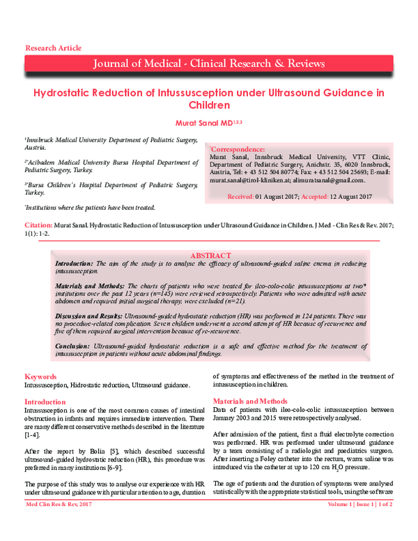 (PDF) Hydrostatic Reduction of Intussusception under Ultrasound ...