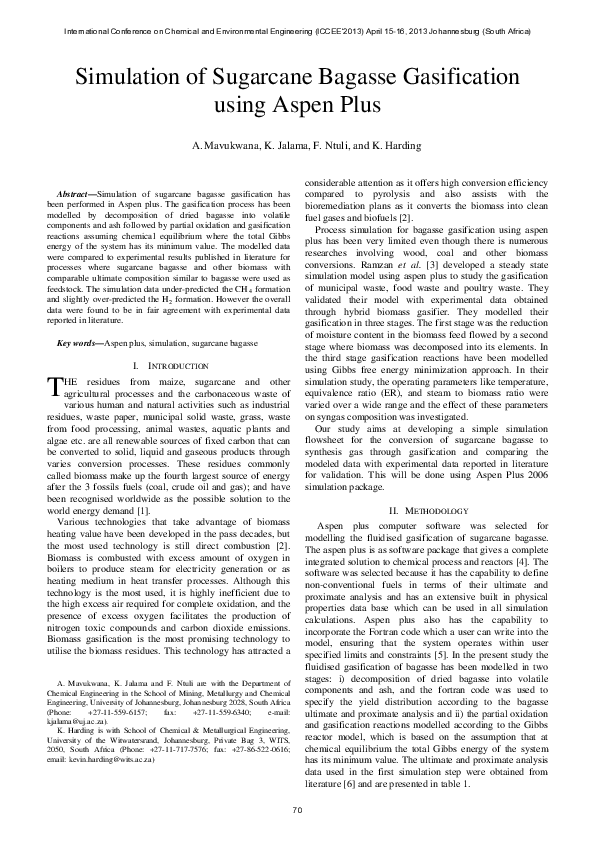 (PDF) Simulation of sugarcane bagasse gasification using Aspen Plus