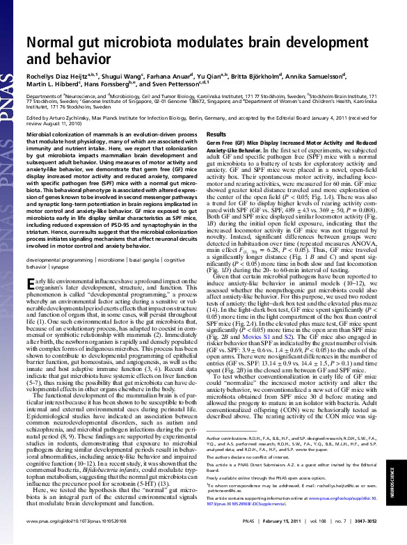 (PDF) Normal gut microbiota modulates brain development and behavior