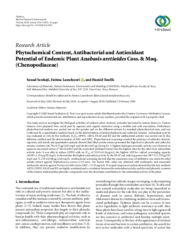 (PDF) Phytochemical Content, Antibacterial and Antioxidant Potential of Endemic Plant Anabasis ...