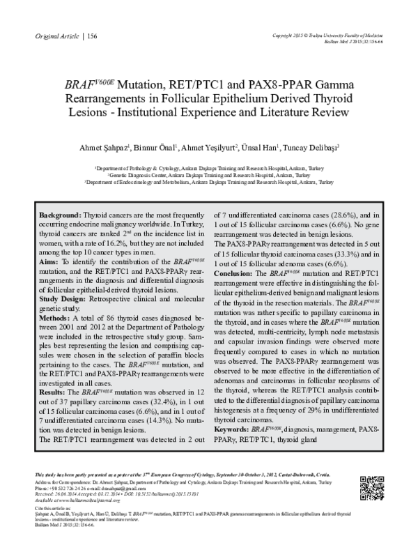 (PDF) BRAFV600E Mutation, RET/PTC1 and PAX8-PPAR Gamma Rearrangements in Follicular Epithelium ...