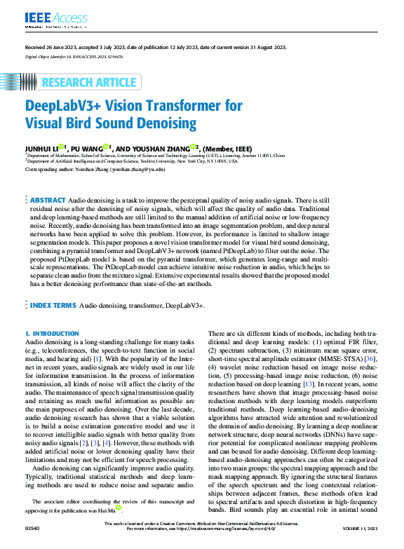 (PDF) DeepLabV3+ Vision Transformer for Visual Bird Sound Denoising | Youshan Zhang - Academia.edu