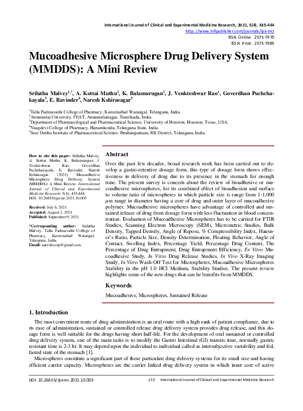 (PDF) Mucoadhesive Microsphere Drug Delivery System (MMDDS): A Mini ...