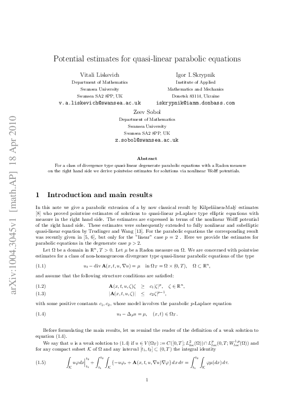Pdf Potential Estimates For Quasi Linear Parabolic Equations