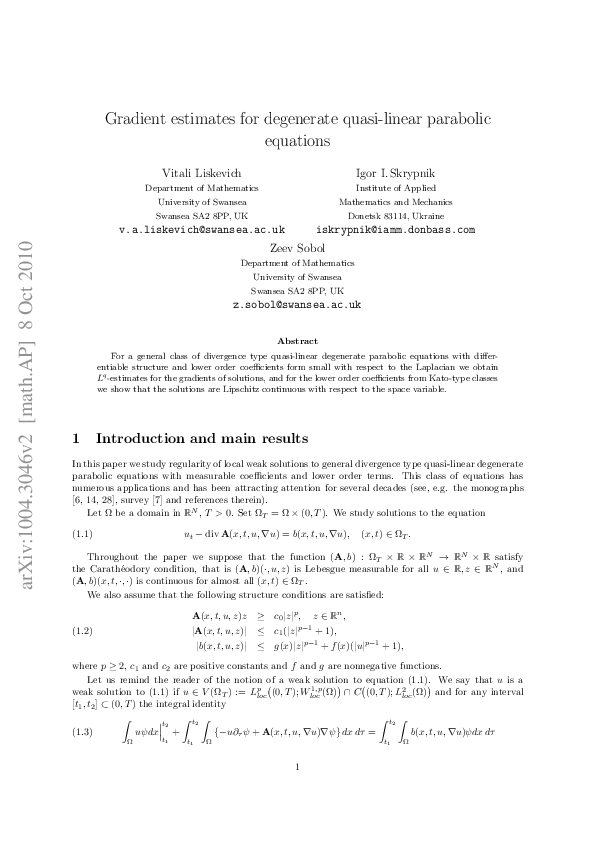 Pdf Gradient Estimates For Degenerate Quasi Linear Parabolic Equations