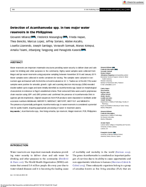 Pdf Detection Of Acanthamoeba Spp In Two Major Water Reservoirs In The Philippines Giovanni