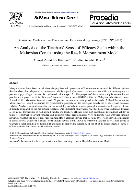 (PDF) An Analysis of the Teachers’ Sense of Efficacy Scale within the Malaysian Context using ...
